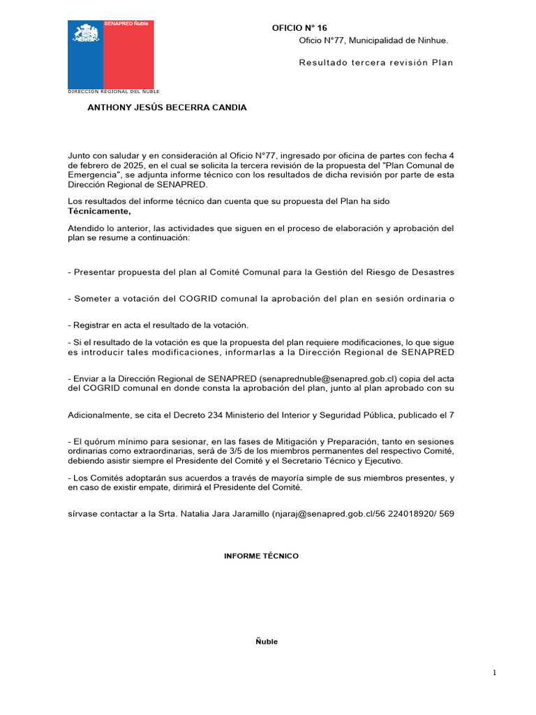 Oficio N°16 Senapred-Pec Recomendado | PDF