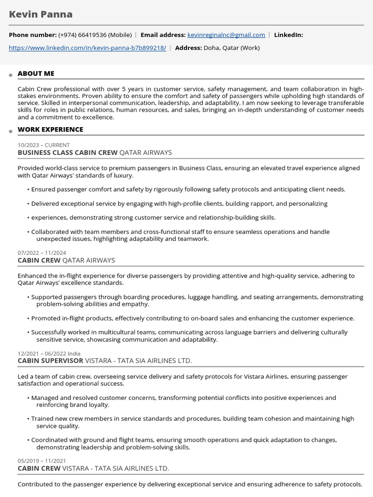Kevin Panna Updated Cv | PDF | Flight Attendant | Communication