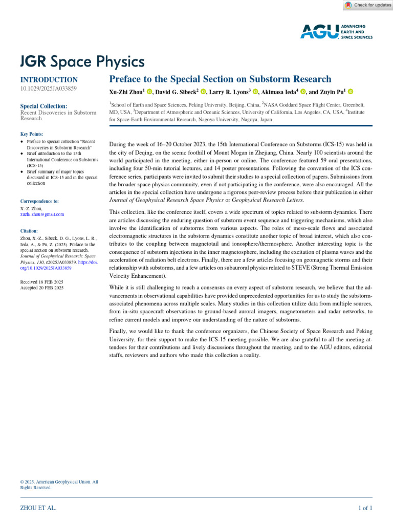 JGR Space Physics - 2025 - Zhou - Preface To The Special Section On ...