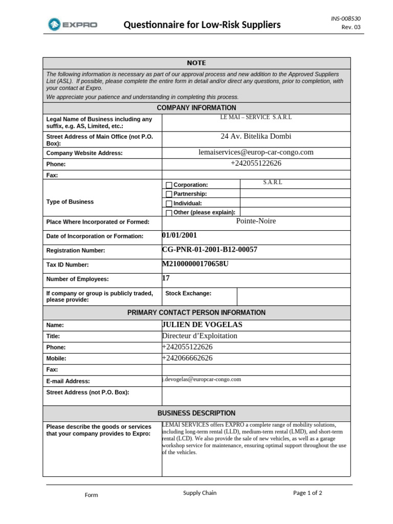 INS-008530 Questionnaire For Low Risk Suppliers | PDF | Business ...
