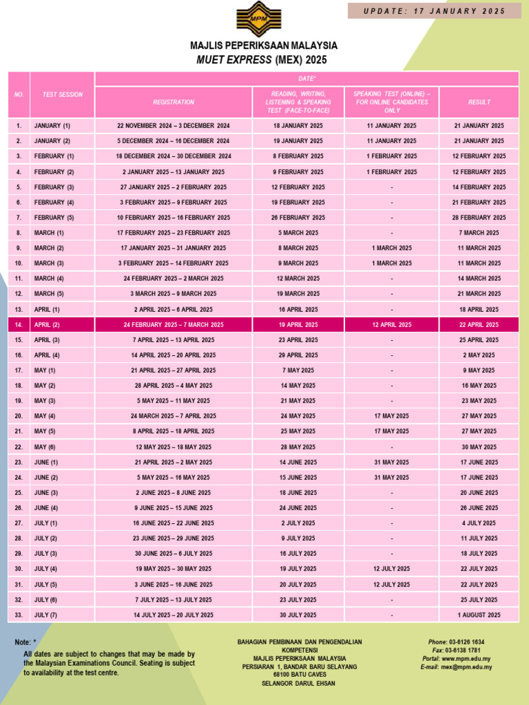 MEX Calendar 2025 Updated 1712025 | PDF