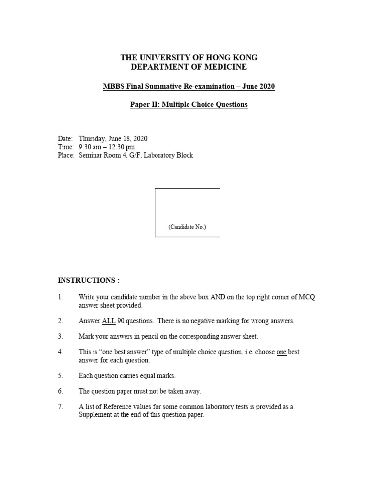 MBBS Final Summative Re Examination June 2020 Paper II Multiple Choice ...