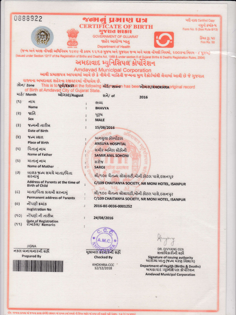 Bhavya Birth Certificate | PDF