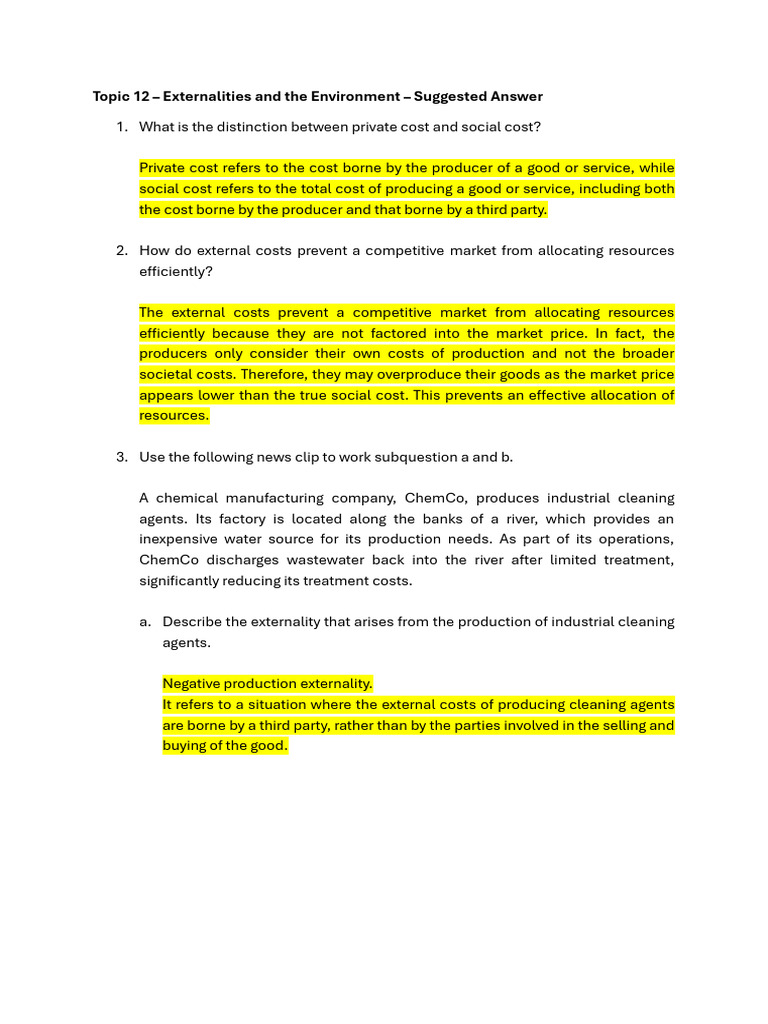 Tutorial - Topic 12 - Externalities & the Environment - Suggested ...