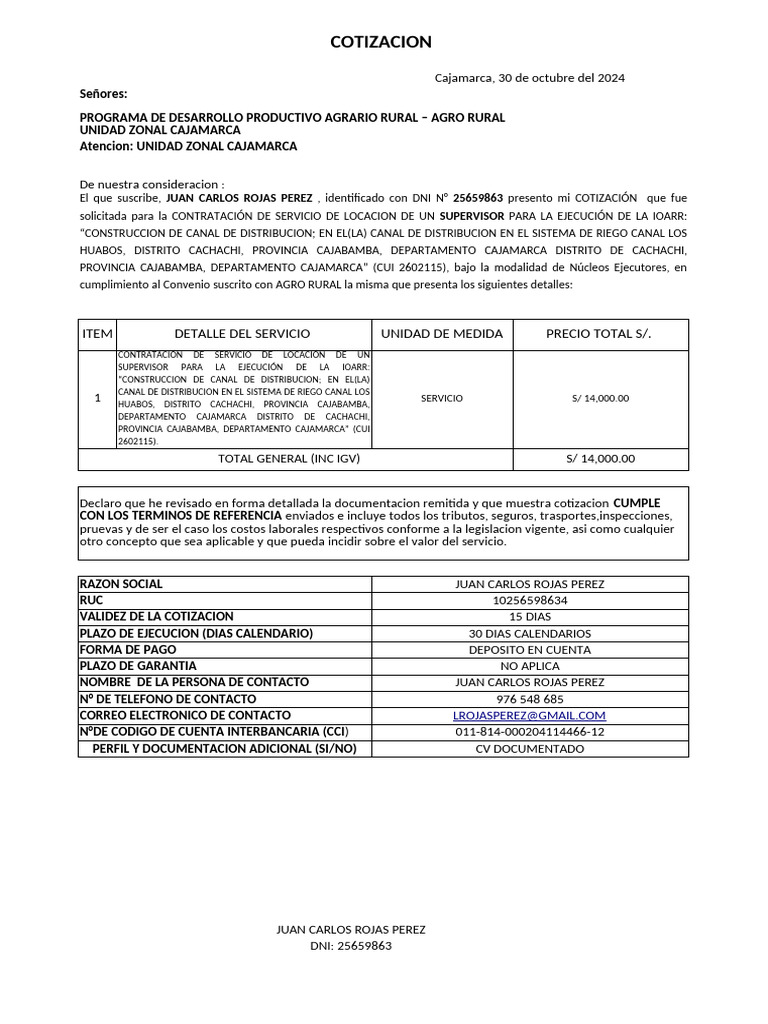 FORMATO COTIZACION DE SERVICIO - SUPERVISOR | PDF