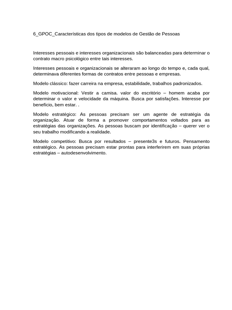6 - GPOC - Características Dos Tipos de Modelos de Gestão de Pessoas | PDF