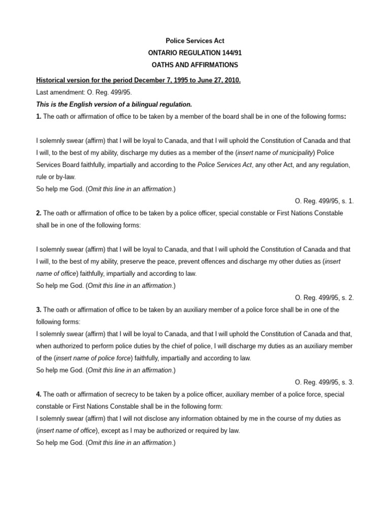 Ontario Police Oath Regulations | PDF | Oath Of Office | Oral Communication