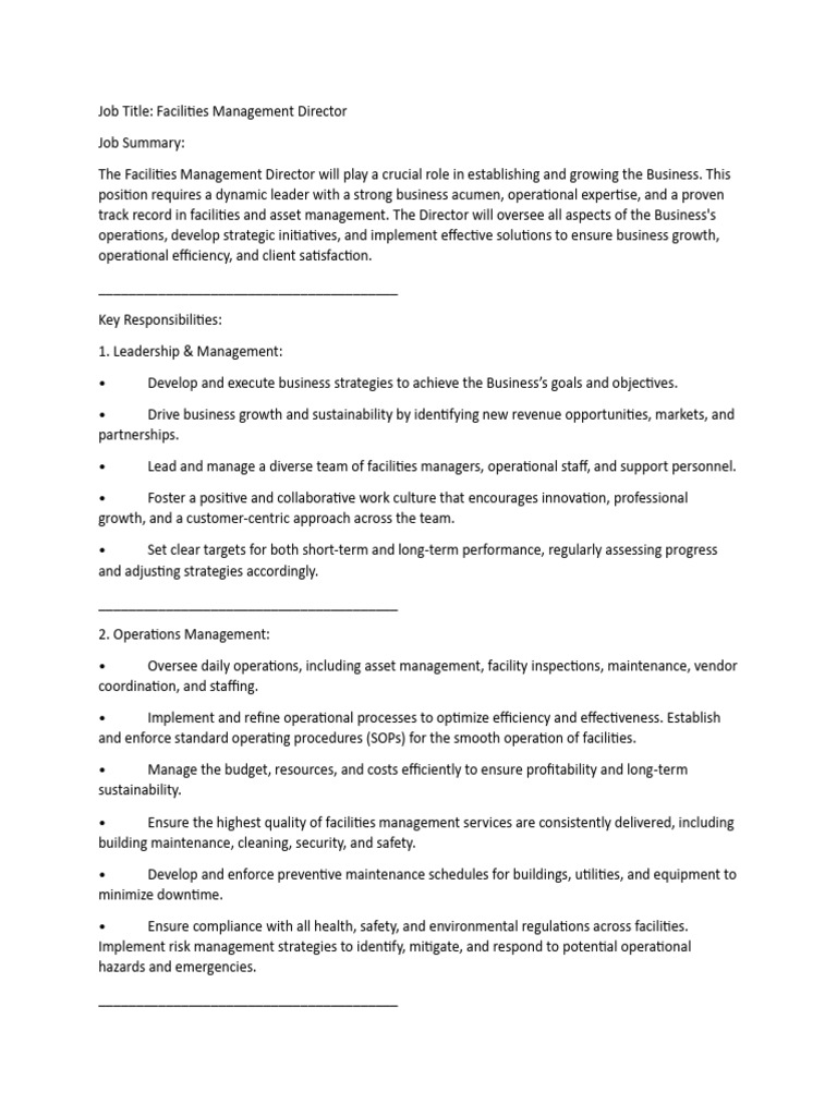 Facilities Management Director Role Overview | PDF | Business | Asset ...