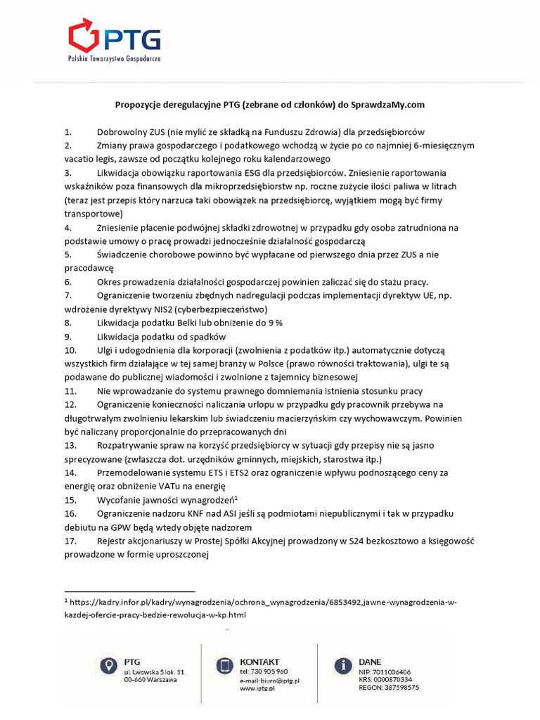 Propozycje Deregulacyjne PTG | PDF