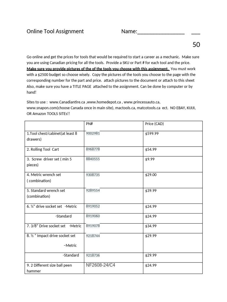 Mechanic Tool Budget Assignment Guide | PDF | Metalworking | Tools