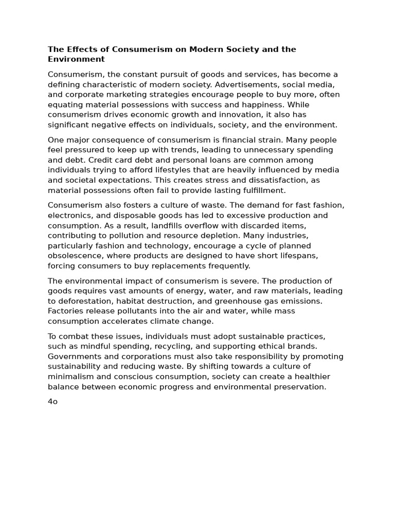 The Effects of Consumerism On Modern Society and The Environment | PDF