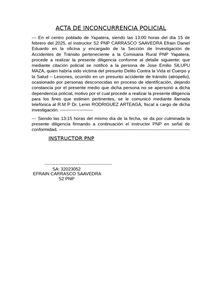 Acta de Inconcurrencia Policial (S2 PNP Carrasco) | PDF