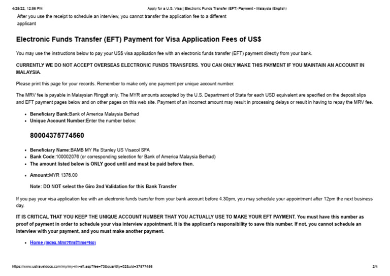 Apply For A U.S. Visa - Electronic Funds Transfer (EFT) Payment - Malaysia (English) | PDF