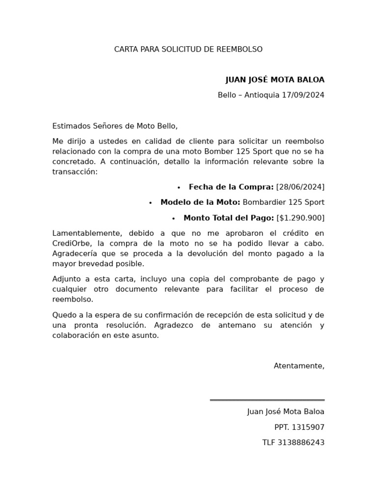 Carta para Solicitud de Reembolso | PDF
