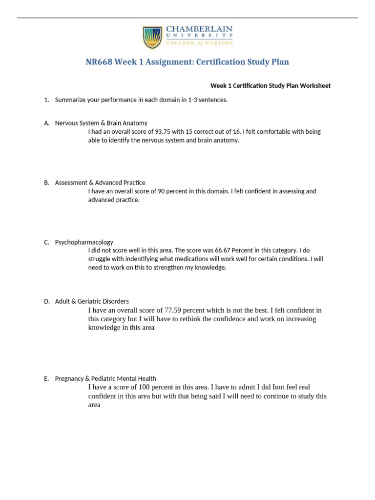 NR668 WK 1 Certification Study Plan Worksheet | PDF | Clinical Medicine | Disability