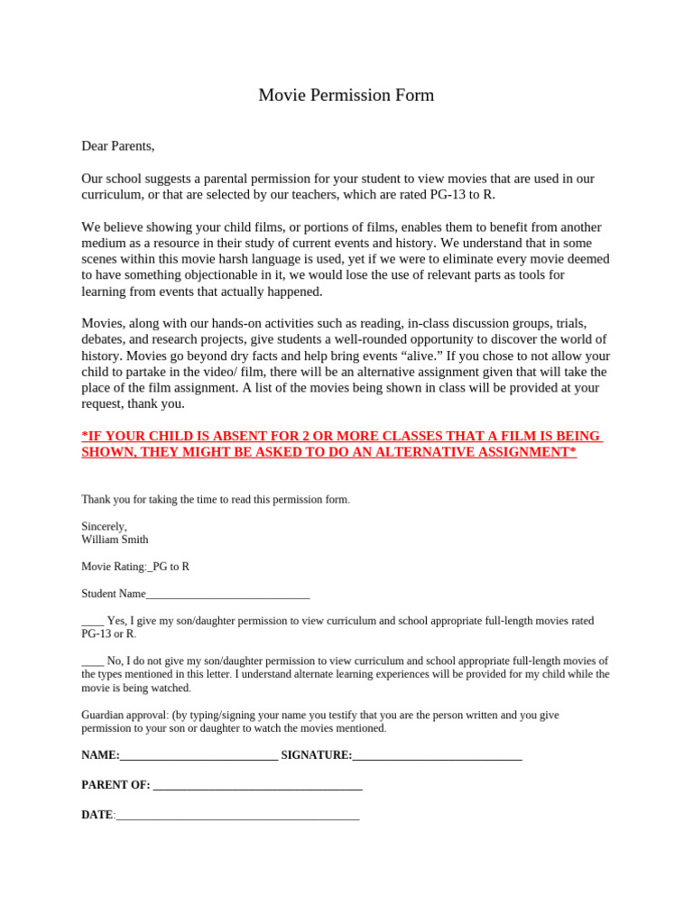 Parental Movie Permission Form | PDF