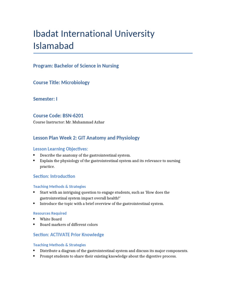 GIT Anatomy and Physiology Lesson Plan | PDF