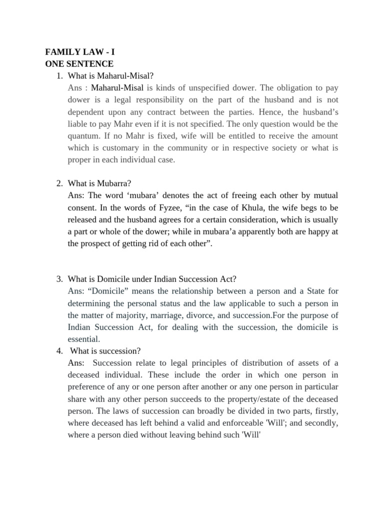 Family Law Question Bank | PDF | Marriage | Will And Testament