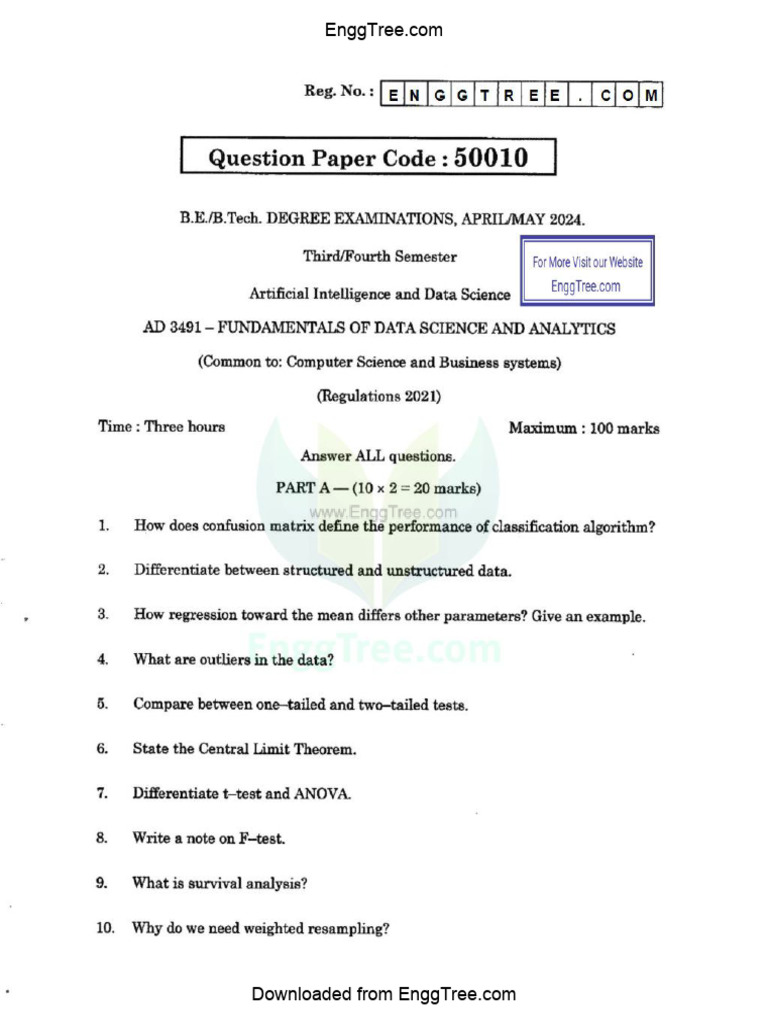 AD3491 Fundamentals of Data Science and Analytics Apr May 2024 Question ...