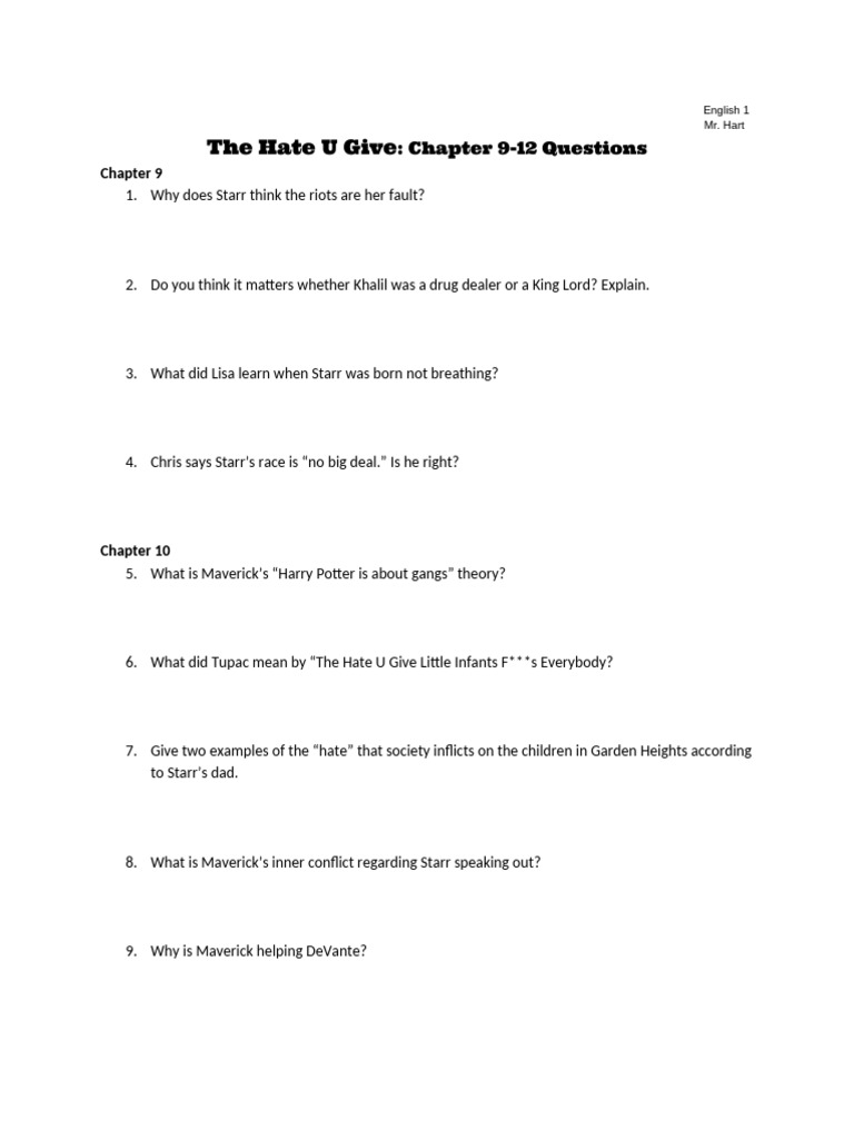 Hate U Give - Chapters 9-12 Questions | PDF