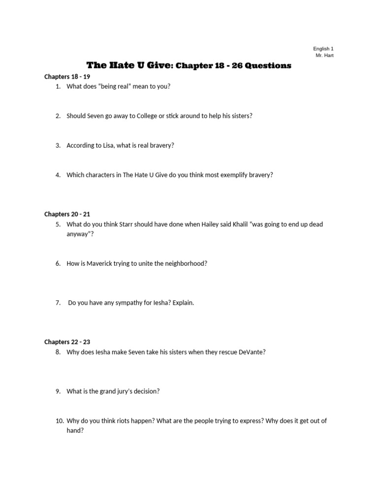 Chapter 18-26 Questions for The Hate U Give | PDF