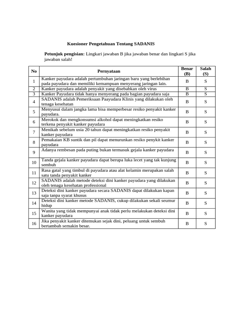 Kuesioner Pengetahuan SADANIS | PDF