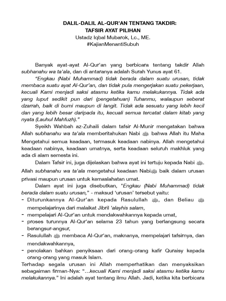 Dalil-Dalil Al-Qur'an Tentang Takdir Tafsir Ayat Pilihan | PDF