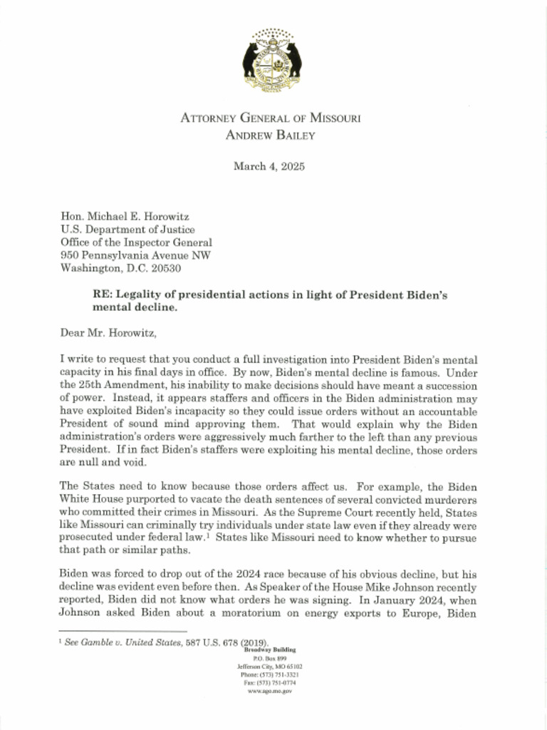 AG Bailey Letter To DOJ Requesting Investigation Into Biden S Mental ...