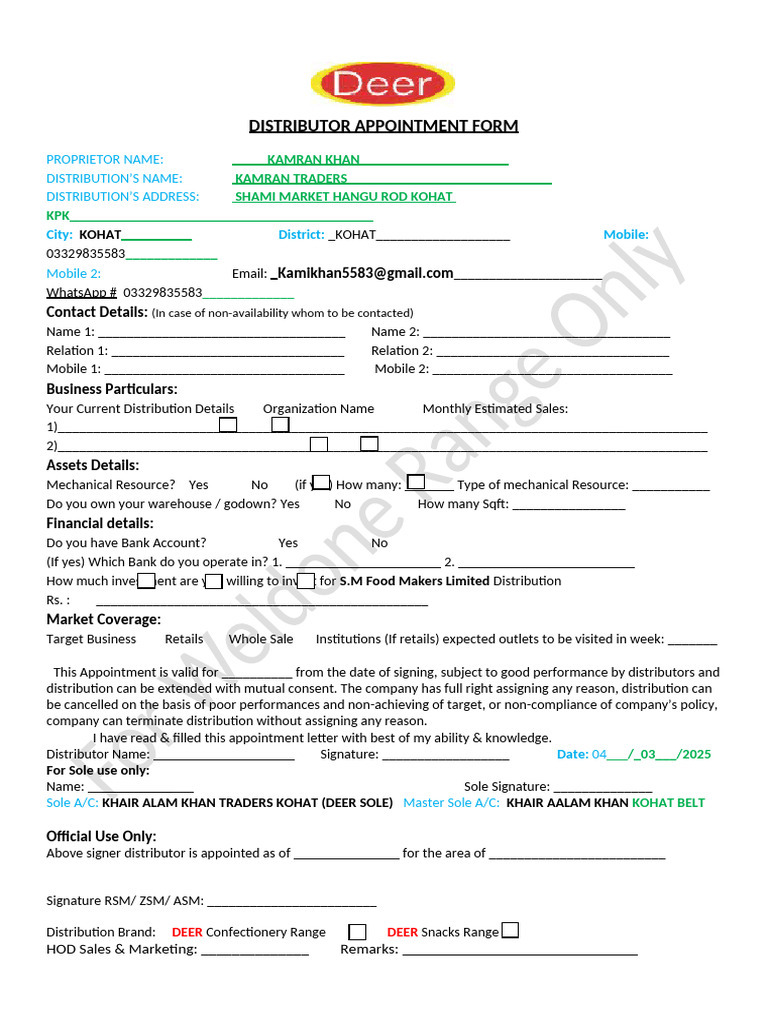 Distribution Appointment Form (DEER Kamran | PDF | Service Industries ...