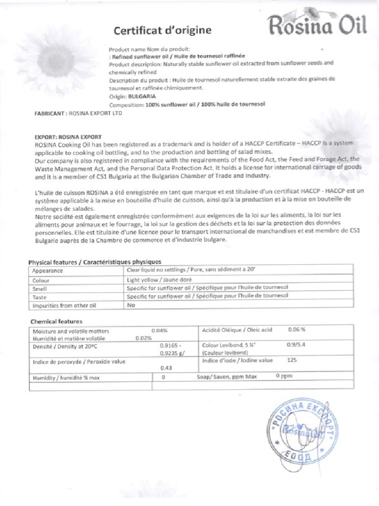 Certificat d'Origine Rosina Oil | PDF