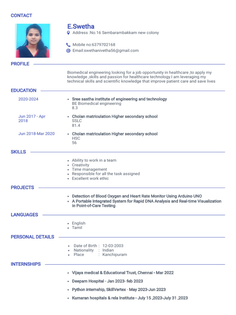 E.Swetha: Contact | PDF