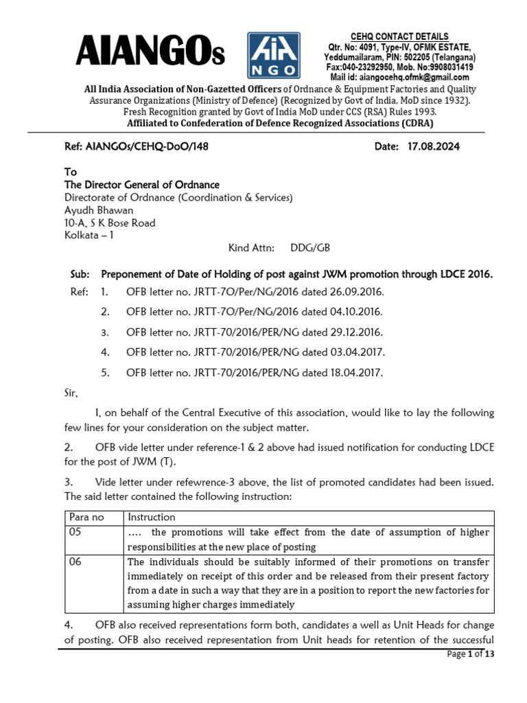 Representation To DGO For Preponment of Date of Promotion of JWM LDCE ...