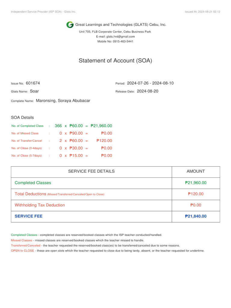Statement of Account (SOA) : 601674 Soar 2024-07-26 - 2024-08-10 2024-08-20 Maronsing, Soraya ...