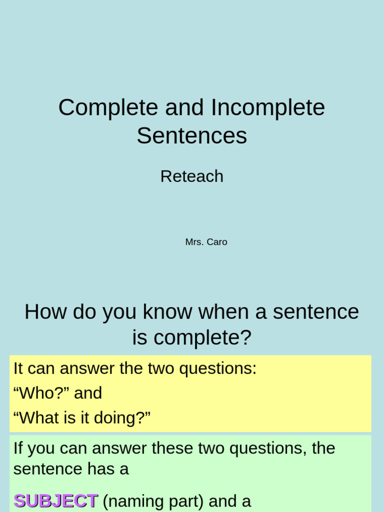Complete and Incomplete Sentences-Reteach | PDF