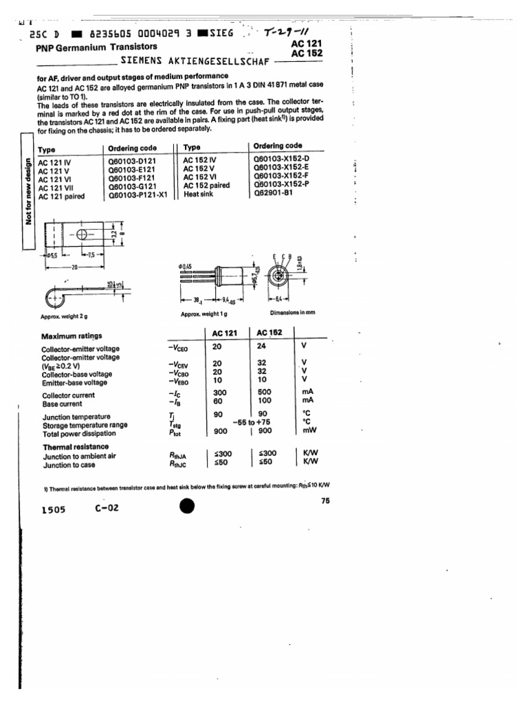AC121, AC152 germanium transistor datasheet - Siemens | PDF