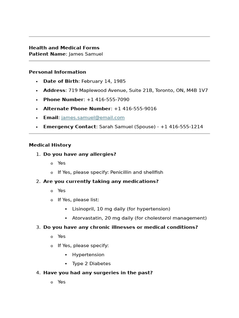 Health and Medical Form James | PDF