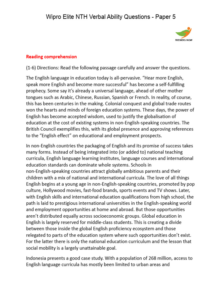 Wipro Elite NTH Verbal Ability Questions Paper 5 | PDF | Verb | Phrase