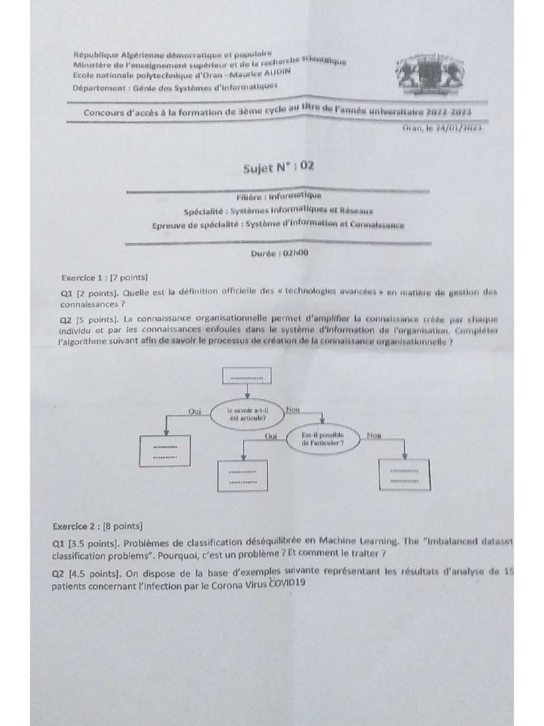 Epreuve SIC (Systeme d'Information et Connaissance) Concours de Doctorat ENPO 2022-2023 (Tchi ...