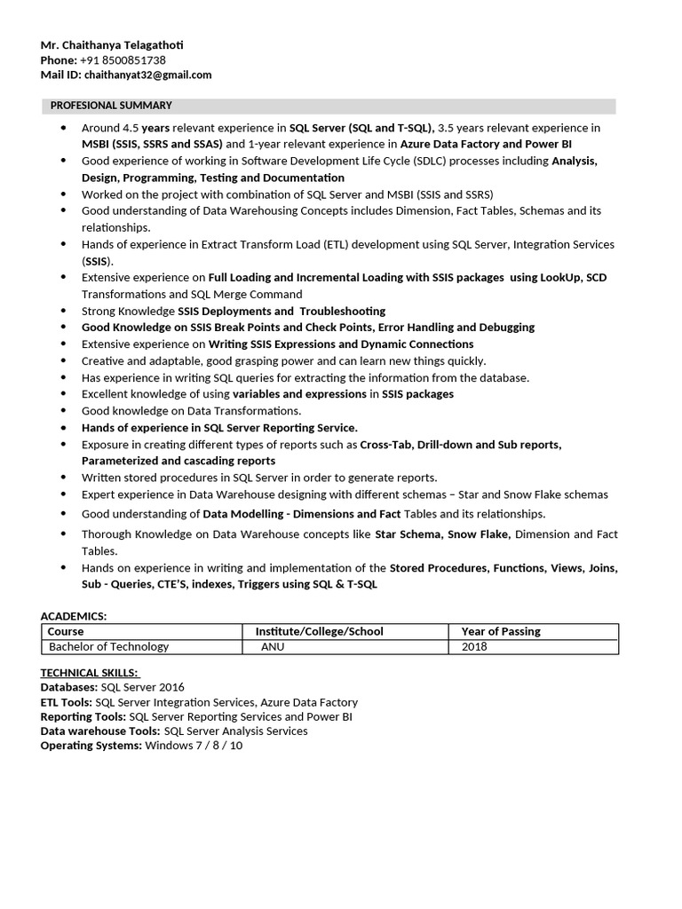 ChaithanyTelagathoti_4.3_MSBI developer_Infosys_Hyderabad | PDF | Microsoft Sql Server ...