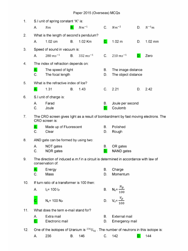 Class 10 Physics Past Paper 2015O MCQs Solved | PDF