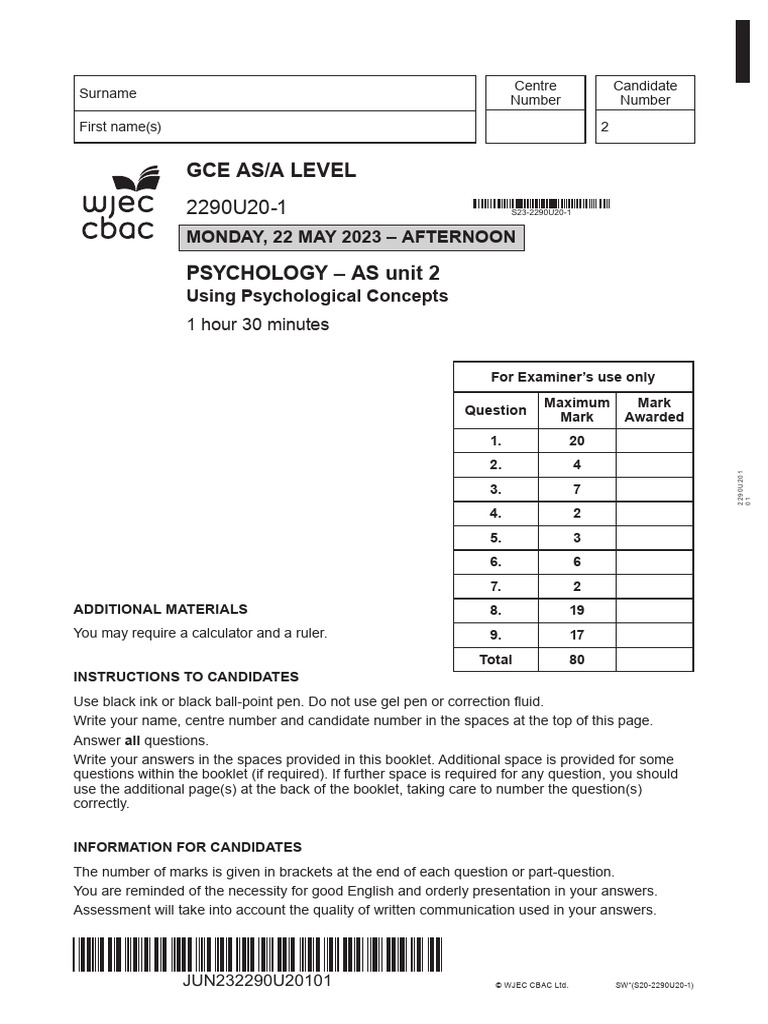 June 2023 QP - Unit 2 WJEC Psychology AS-level | PDF | Self Report ...
