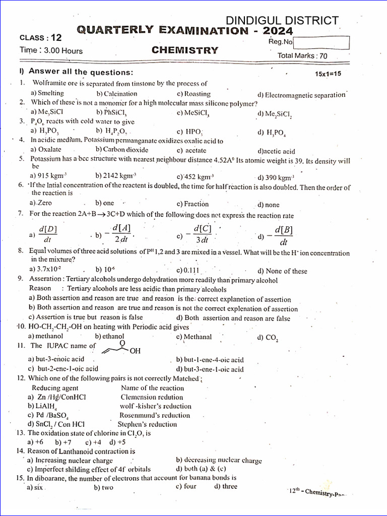 12th Chemistry EM Quarterly Exam 2024 Question Paper With Answer Keys ...