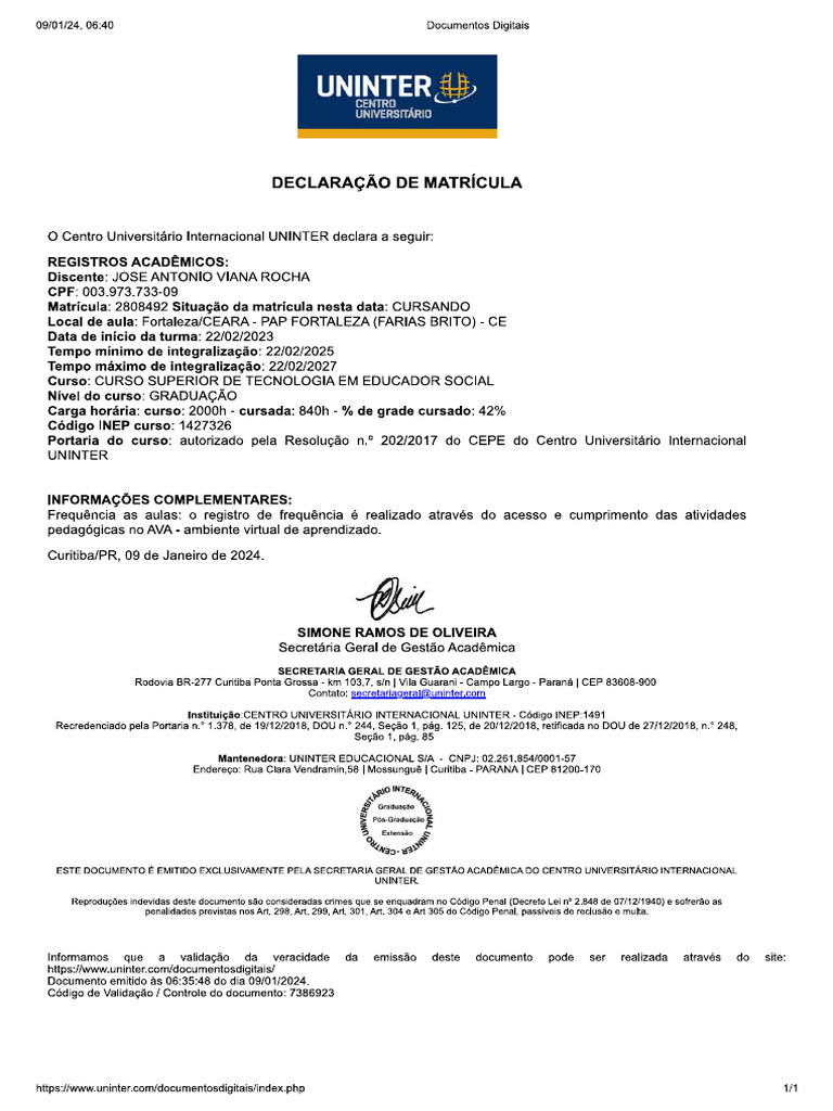 Declaracao de Matricula Uninter | PDF