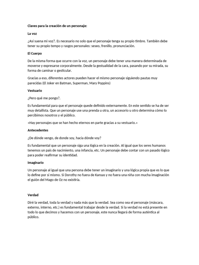 Claves para La Creación de Un Personaje - Expresión 2do | PDF