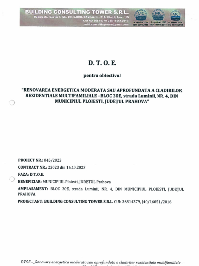 Memoriu Pentru Organizarea Executiei Dtoe - Bloc 30e | PDF