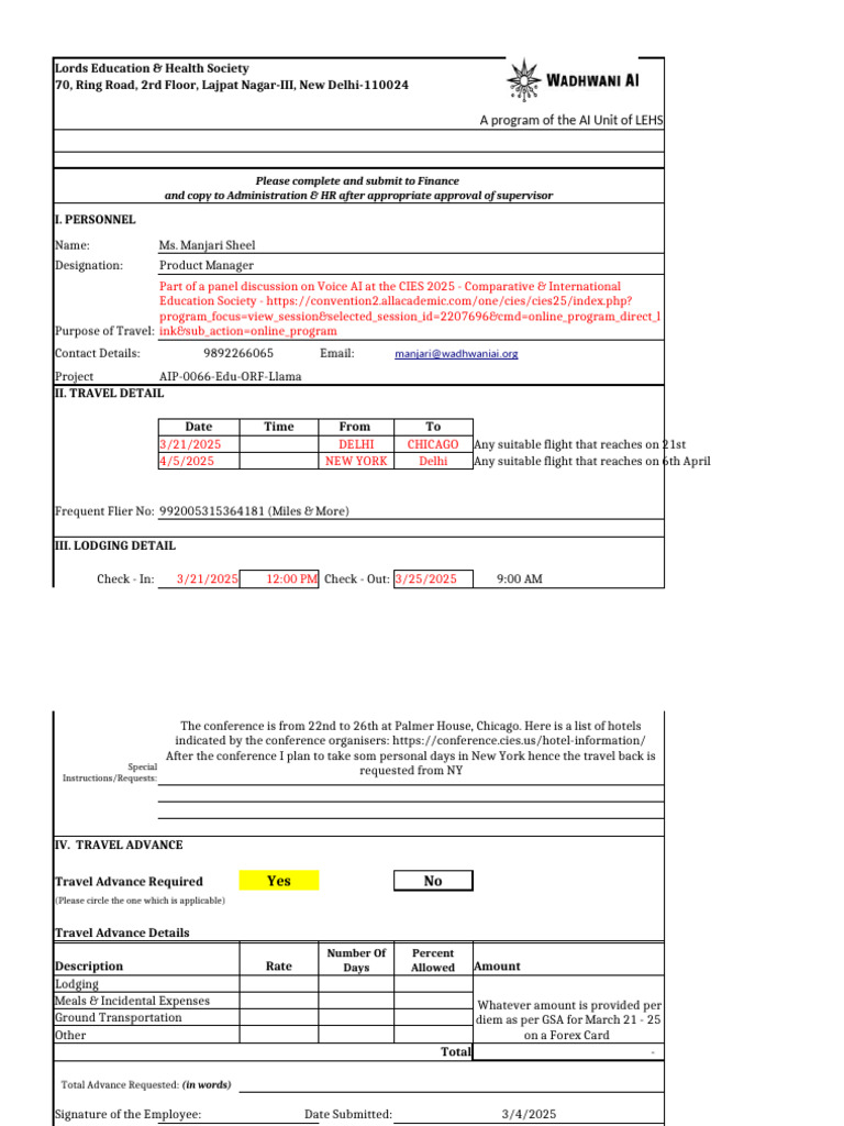 Manjari - Sheel - CIES - Travel Advance & Authorisation Form | PDF