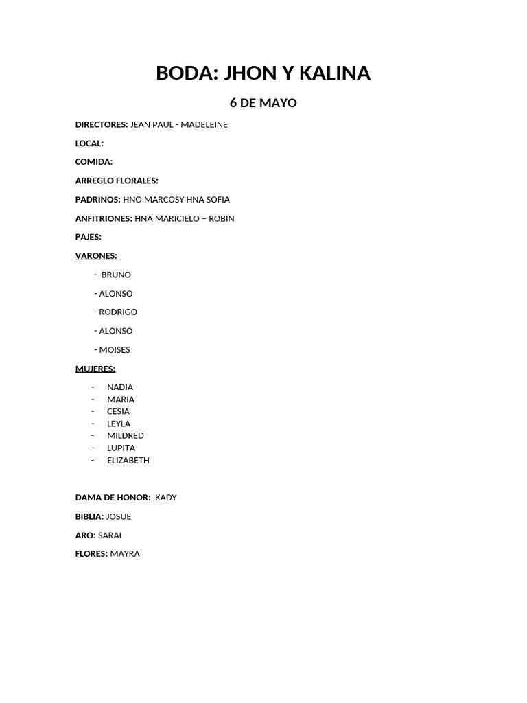 Boda de Jhon y Kalina 06 de Mayo | PDF