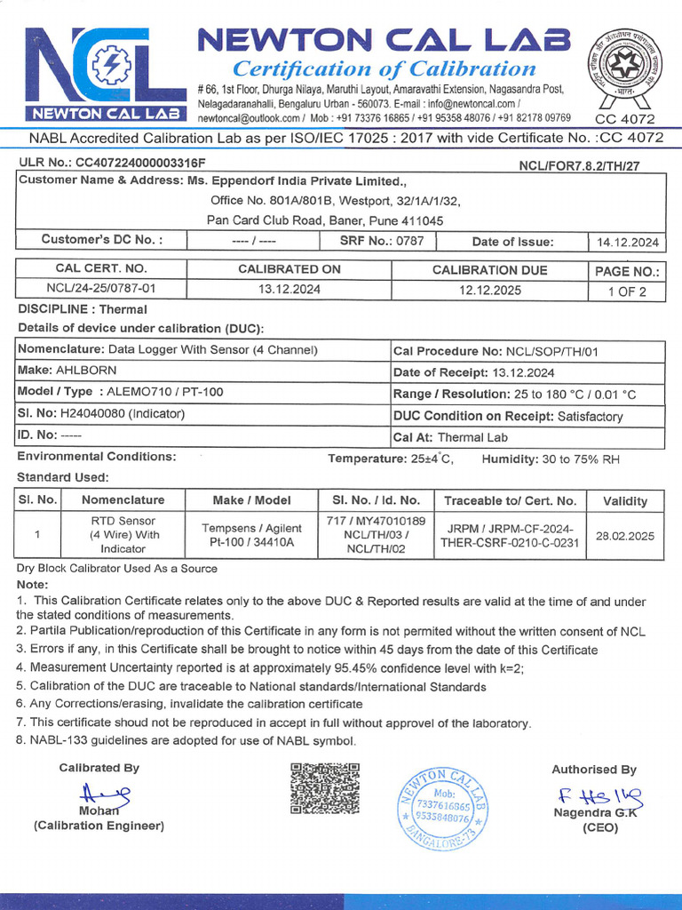 Traceability Certificate of AHLBORN Data Logger | PDF