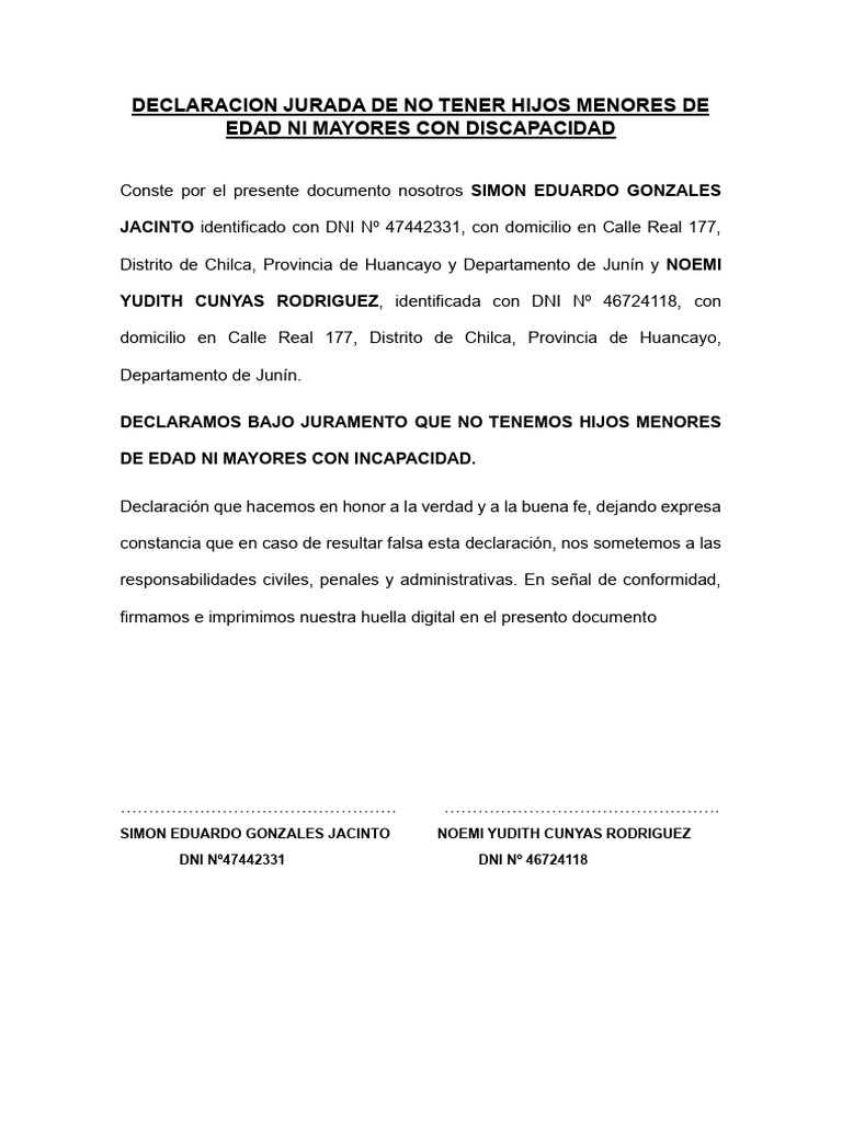 Declaracion Jurada de No Tener Hijos Menores de Edad Ni Mayores Con Discapacidad | PDF ...