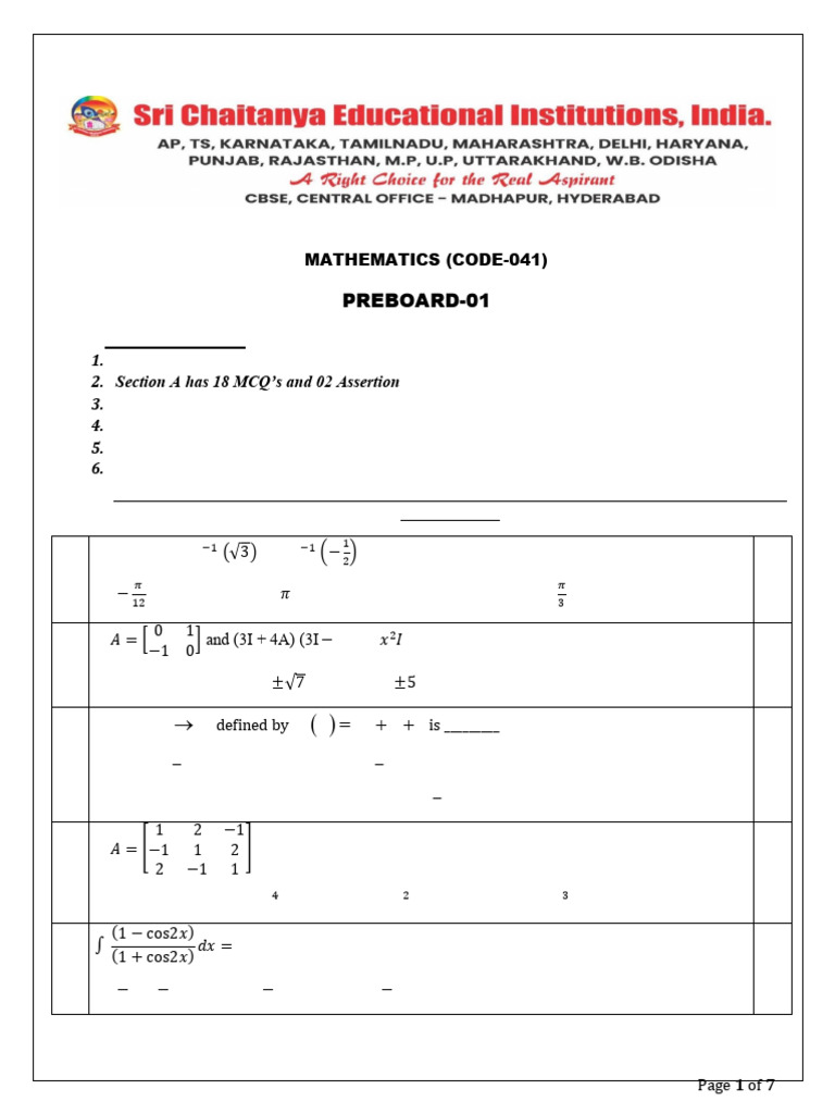 24.12.2024 Class-xii Cbse Preboard-01 Mathematics q.paper (1) | PDF | Function (Mathematics ...
